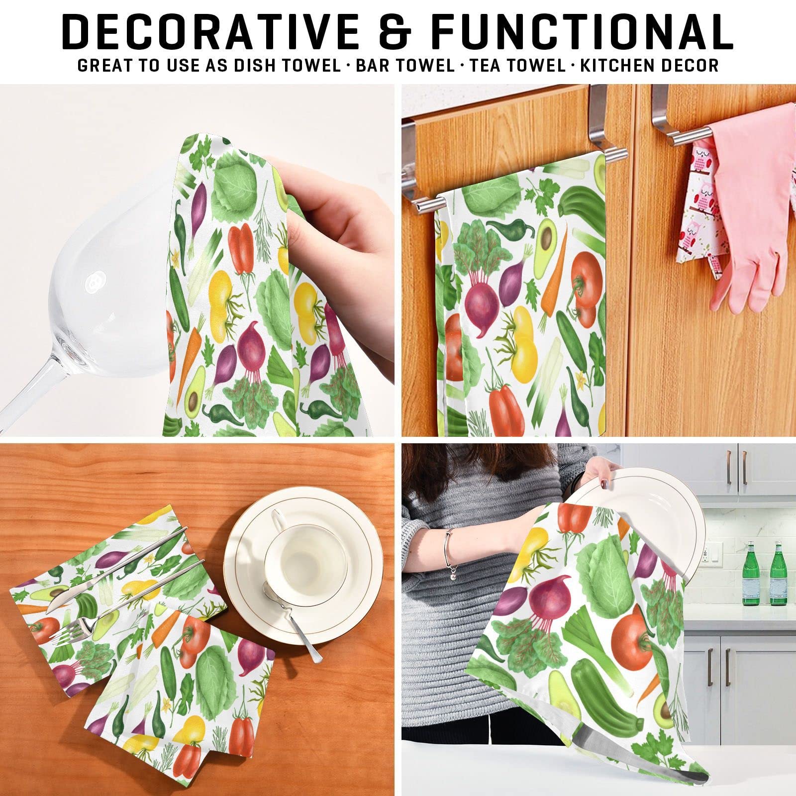 JSTEL Vegetable Kitchen Towels Set of 4,Quick Dry Dish Drying Towels Rectangle 18x28 inch Microfiber Kitchen Hand Towels Vegetable Pattern