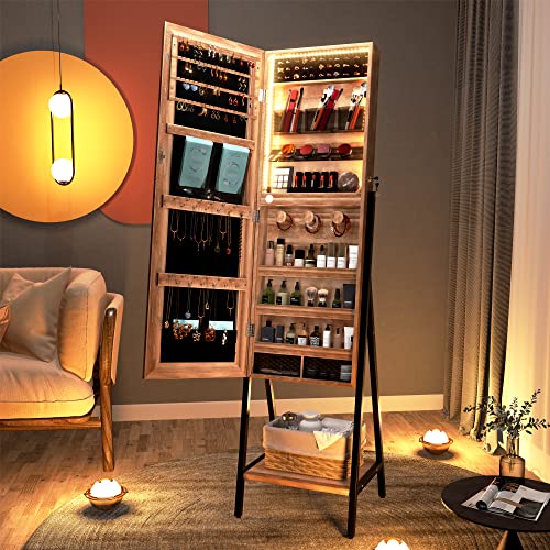 LVSOMT 3 LEDs Full Length Mirror Jewelry Cabinet, Standing Mirror with Jewelry Storage, Large Lockable Armoire for Necklaces, Earrings, Cosmetic Storage, Brown
