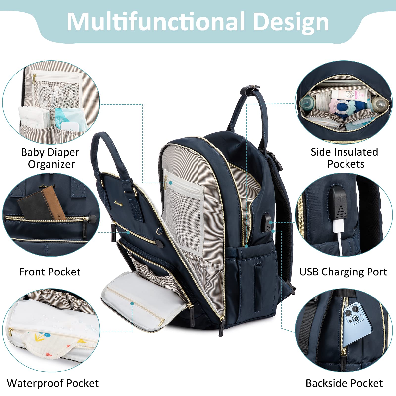 LOVEVOOK Diaper Bag Backpack, Diaper Backpack with Portable Changing Pad & Pacifier Case,Multipurpose Travel Back Pack for Moms Dads, Blue