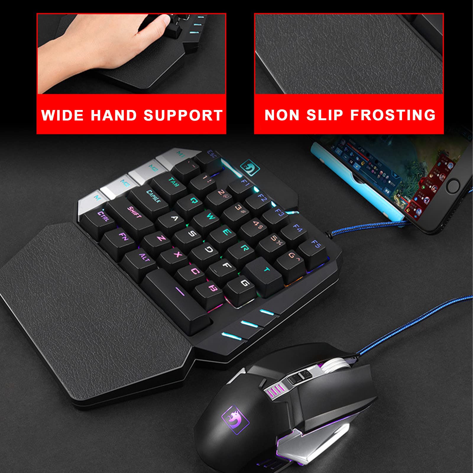 PMUYBHF One-Handed Mechanical Gaming Keyboard, Gaming Keypad with 7 Rainbow Racing Lantern Light effect, 38 Keys
