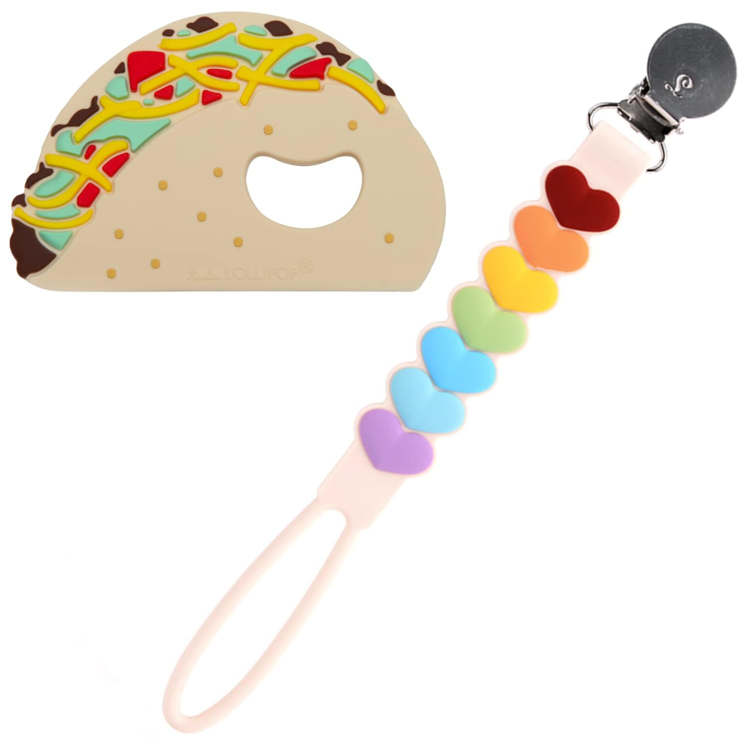 Loulou Lollipop Silicone Teether and Holder Clip Bundle Set - Taco/Sweetheart Rainbow…