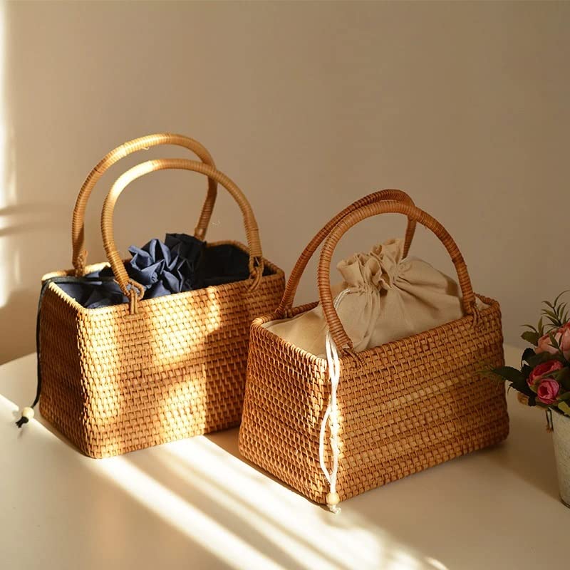 LSDJGDDE Hand Basket Picnic Travel Hand Woven Rattan Handbag Semicircular Stitching Lace up Inner Pocket Handmade