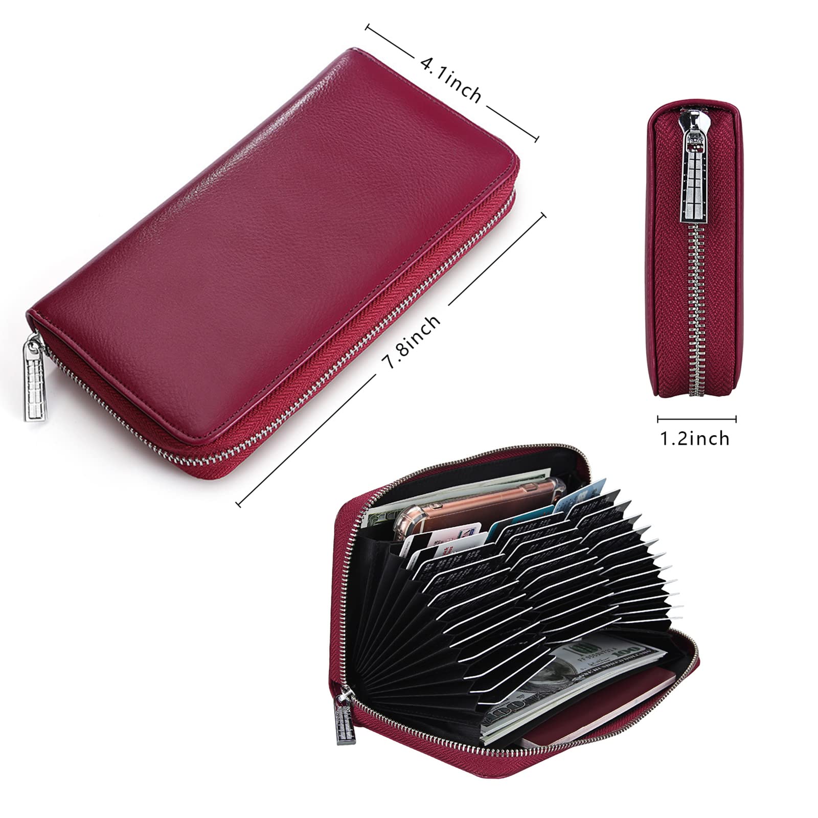 LOKNGXU Women's Large Capacity Wallet Genuine Leather Credit Card Wallet 36 Card Slots Billfold Coin Purse Zip Around Checkbook Wallet RFID Blocking (wine red color)