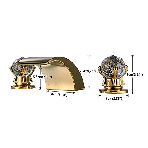 NeierThodore LED Widespread Bathroom Faucet Waterfall Gold Polished Lavatory Faucets Basin Mixer Tap 2 Crystal Knobs 3 Holes