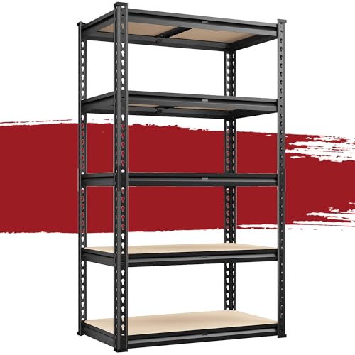 REIBII Storage Shelves 5-Tier Garage Shelving Heavy Duty 1500LBS Metal Shelving Unit Adjustable Laminated Utility Rack for Kitchen Warehouse Basement Boltless Assembly Black 28" W x 12" D x 60" H