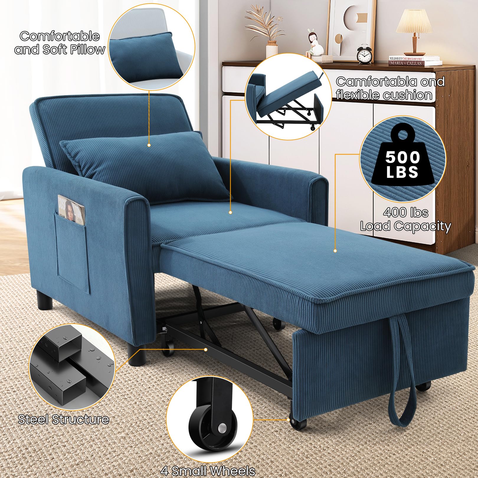 Sleeper Sofa Chair Bed, 2024 Upgrade 4-in-1 Convertible Sleeper Sofa Bed, Sleeper Chair Pullout Sofa Bed with Adjustable Backrest, Corduroy Ottoman Bed Sleeper for Living Room Apartment Office, Grey