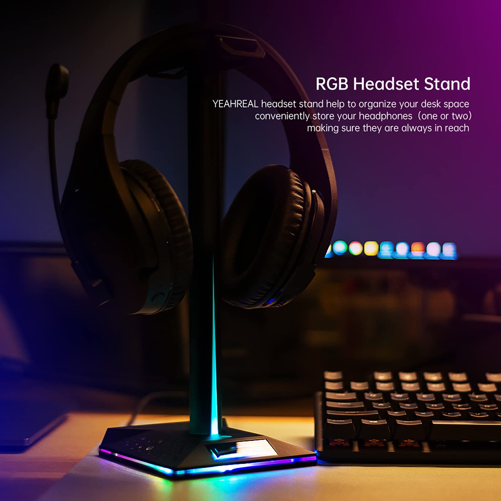 Lomiluskr D9 RGB Headphone Stand with 2 USB Ports, 14 RGB Lighting Effects, Desk Gaming Headset Holder Hanger Rack, Suitable for Gamer Desktop Table Game Earphone Accessories (White)