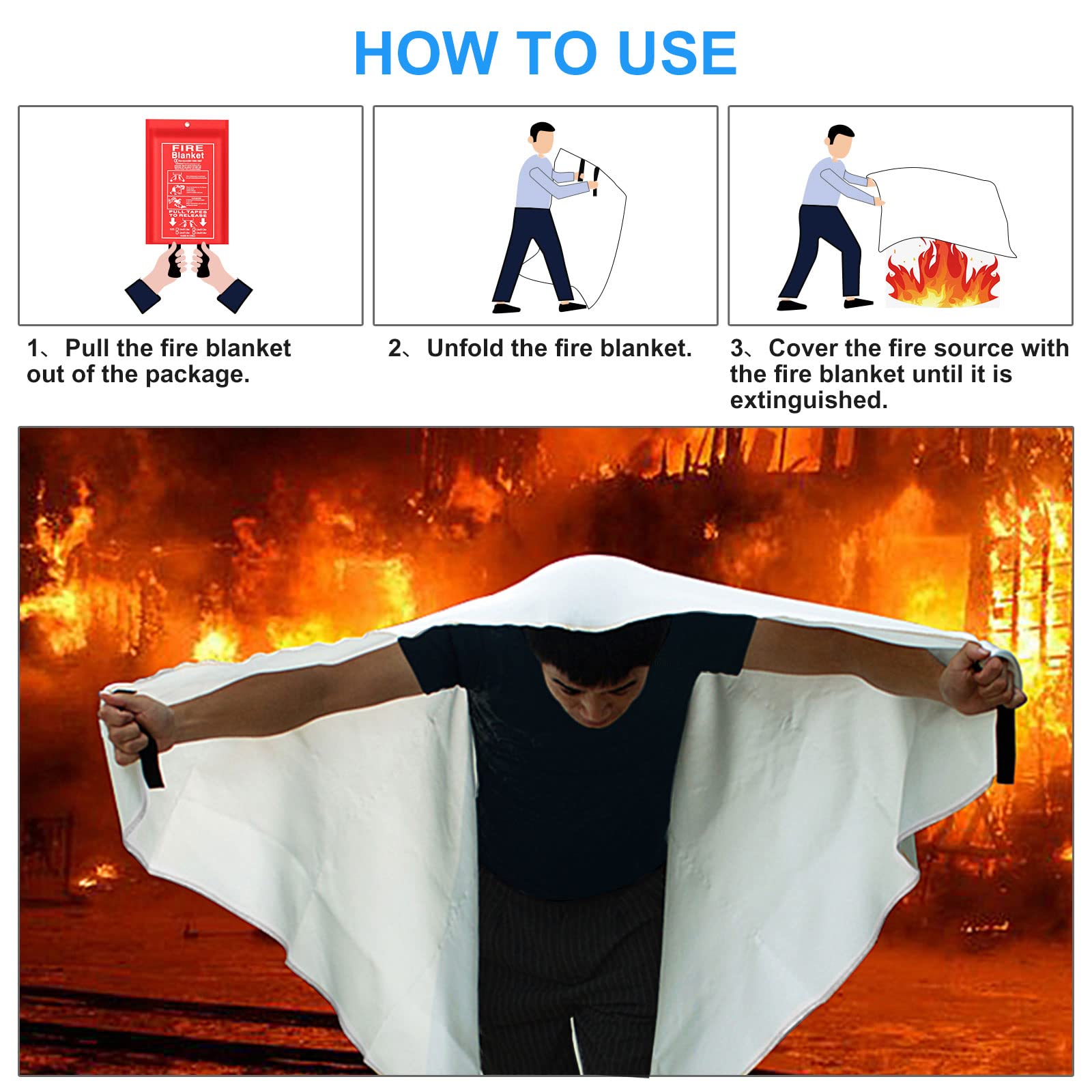 Jeagou Emergency Fire Blanket for Kitchen and Home, 2 Pack 39.37β x 39.37β Fiberglass Fire Safety Blankets for Survival, Suppression Fire Retardant Blanket for People