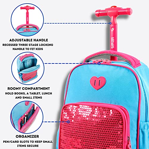 J World New York Kids' Sparkle Rolling Backpack, Sky Blue, One Size