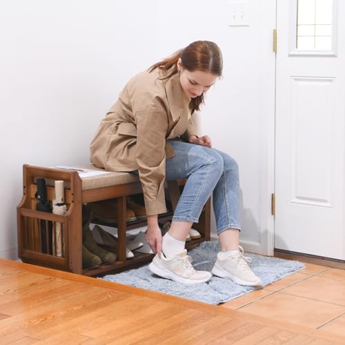 PETKABOO 2 Tier Shoe Bench, Shoe Rack with Hidden Drawer and Side Holder, Shoe Storage Bench Organizer for Entryway Hallway Living Room, Bamboo Material
