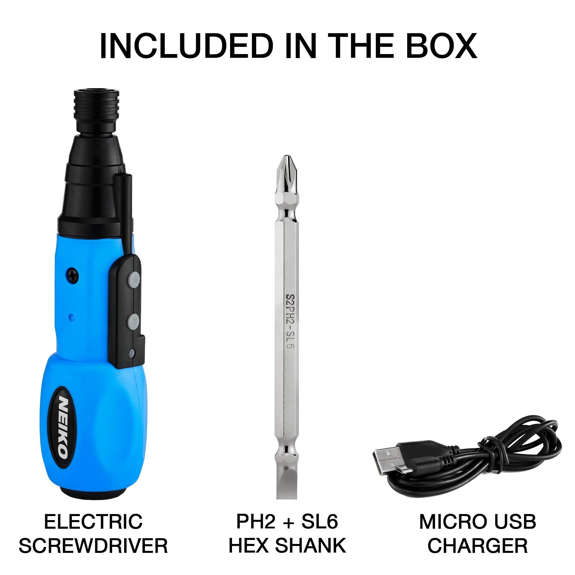NEIKO 10577A Cordless Power Screwdriver | 1/4β Hex Auto-Lock Safety Chuck | Includes Phillips and Flathead Bit | USB Rechargeable Lithium-Ion Technology | Auto and Manual Mode