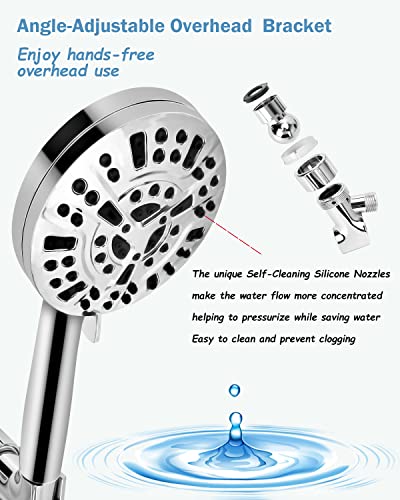 NIKISHAP 10-Mode Shower Head with High Pressure, Polished Finish, Handheld Design, Adjustable Bracket, 5 Ft Hose, and Built-in Power Wash to Clean Tub, Tile, and Pets