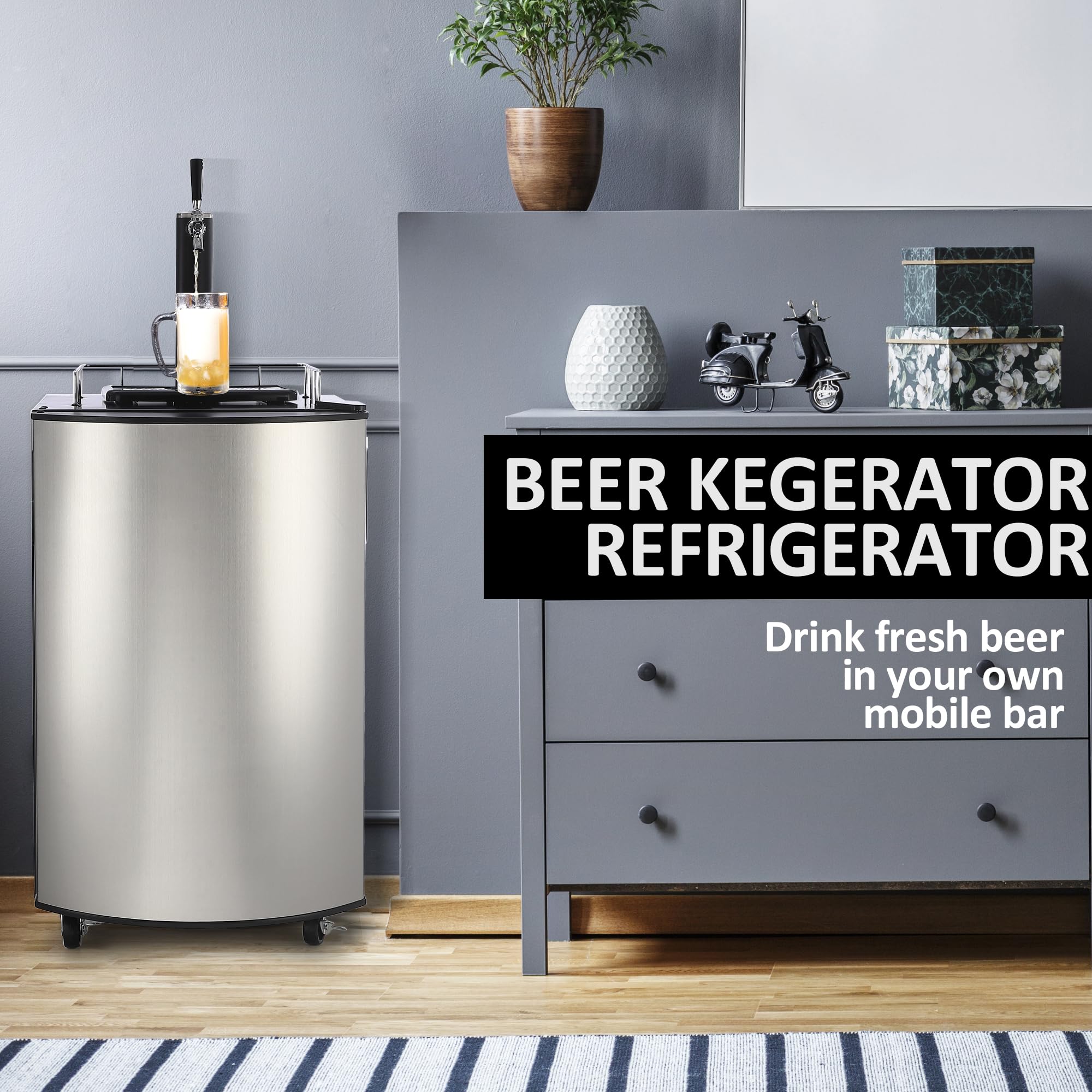 PioneerWorks Beer Kegerator, Single Tap Draft Beer Dispenser, Full Size Stainless Steel Keg Refrigerator With Drip Tray & Rail, 128L
