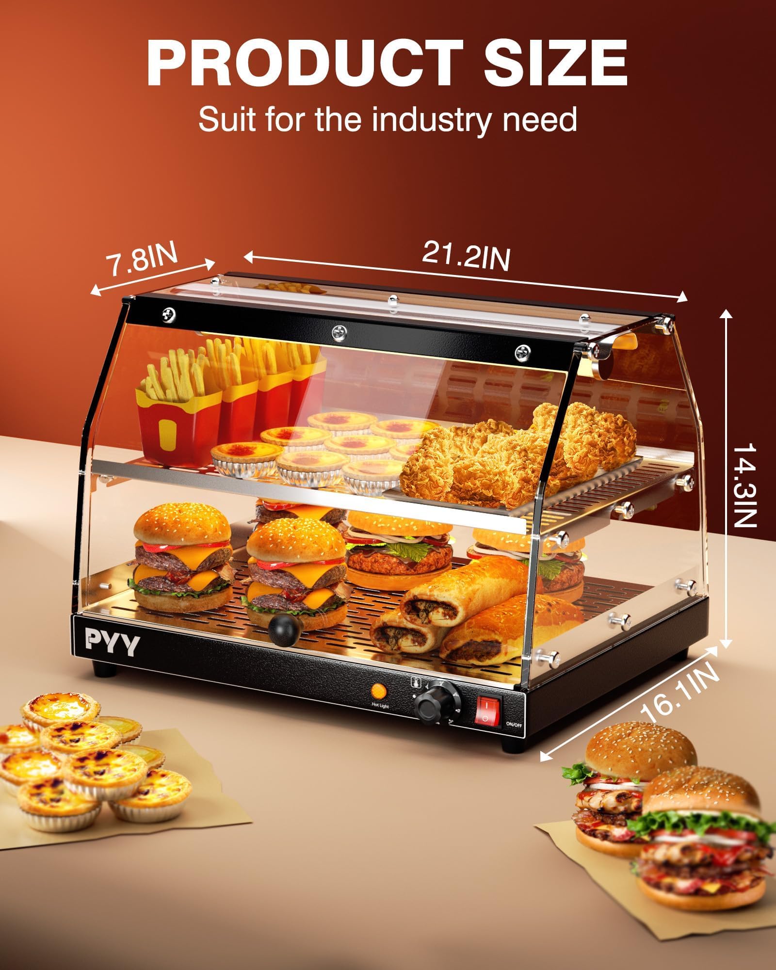 PYY Food Warmer Commercial Countertop Pizza Warmer Countertop 2-Tier with LED Lighting Food Display Warmer Pastry Disaplay Case Pretzel Warmer Machine