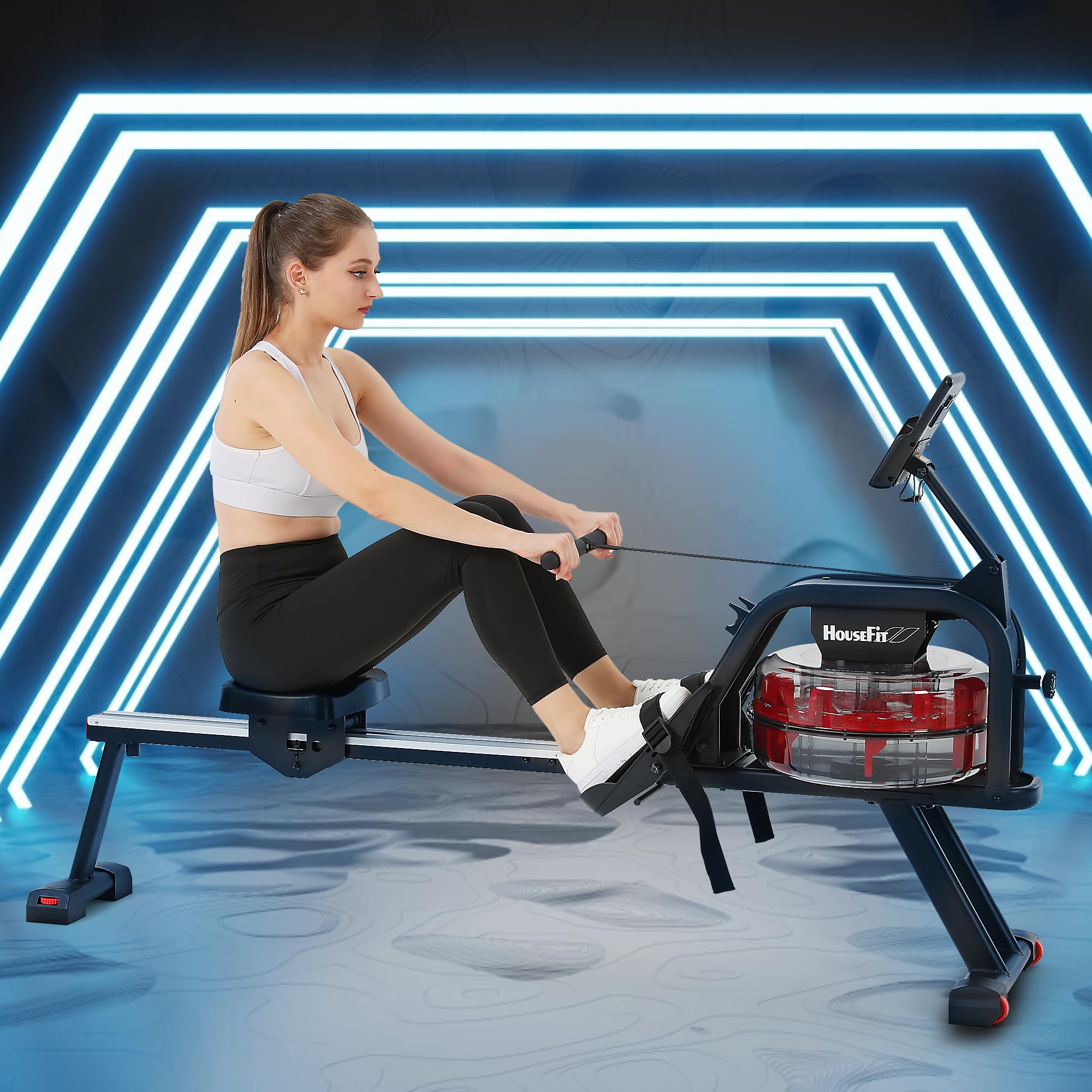 HouseFit Water Rower Rowing Machine with 330Lbs Weight Capacity for Home use Water Row Machine Exercise Equipment with iPad and Phone Support LCD Digital Monitor