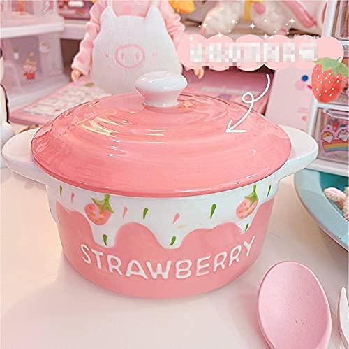 LELAKAYA Cute Strawberry Enameled Porcelain Bowl With Handle, Fruit Salad, Dessert, Rice, Cereal, Noodle, Breakfast Bowl WIth Lid, Household Tableware 6.18"X3.35"