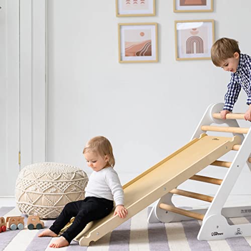 Little Partners Climbing Wood Kids Slide Ladder, 2-in-1 Climbing Ramp Slides for Kids Accessory for Learn 'N Climb Triangle with Secure Hooks, Hand and Foot Grips (Slide Only, Natural)