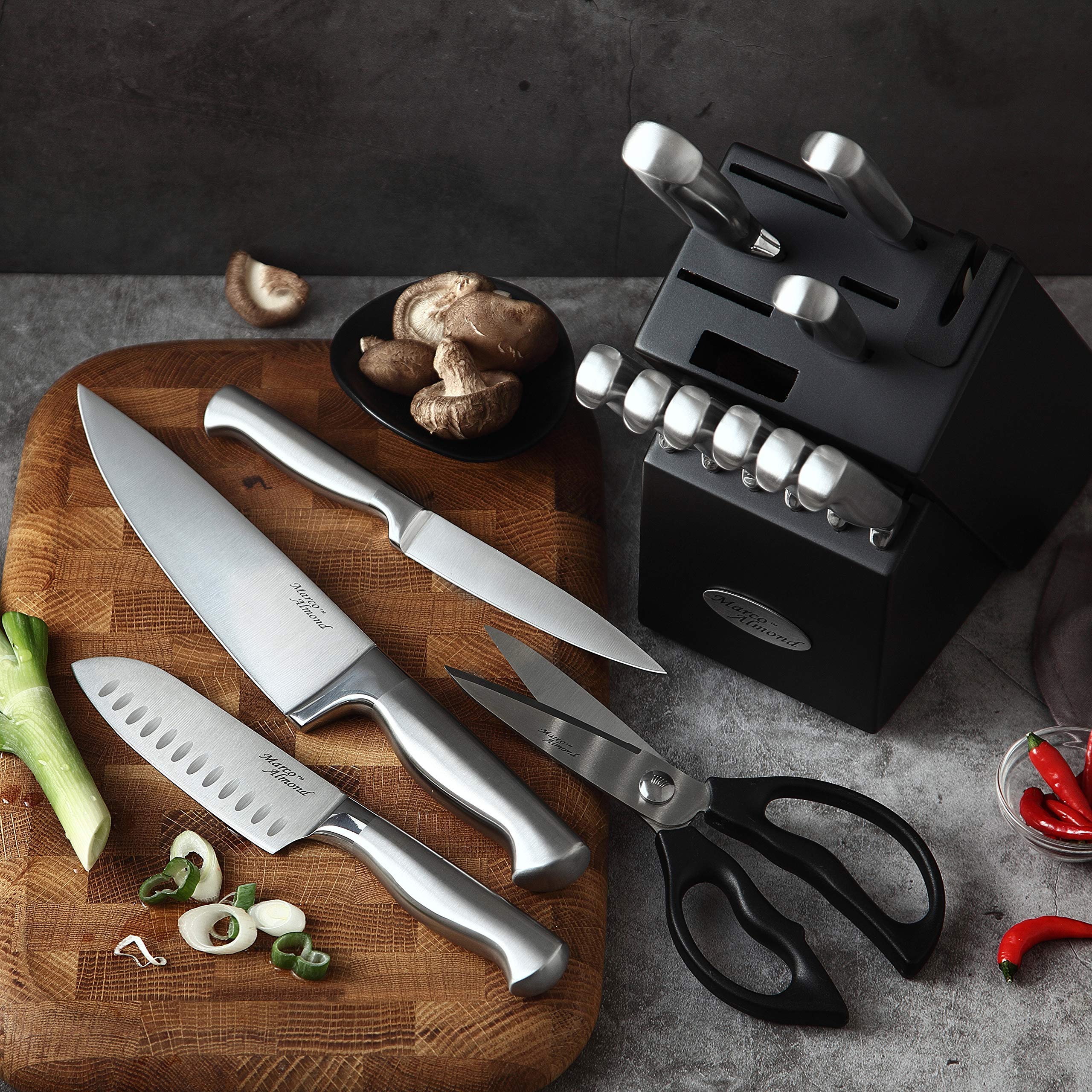 Marco Almond KYA28 Japanese High Carbon Stainless Steel Self Sharpening Knife Block Set + Marco Almond MA61 Cheese Graters Set of 4