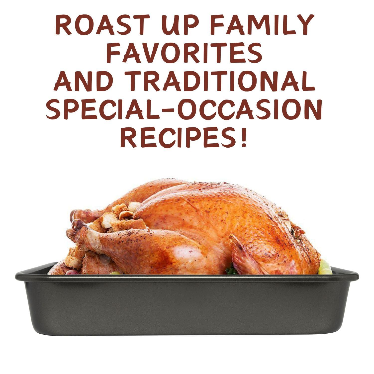 Roasting Pan with Rack and Handles - 15 Inch Carbon Steel Roaster Pan for Oven - Large Roaster Pot for Turkey Chicken Meat & Vegetables, Dishwasher Safe, Heavy Duty, Black