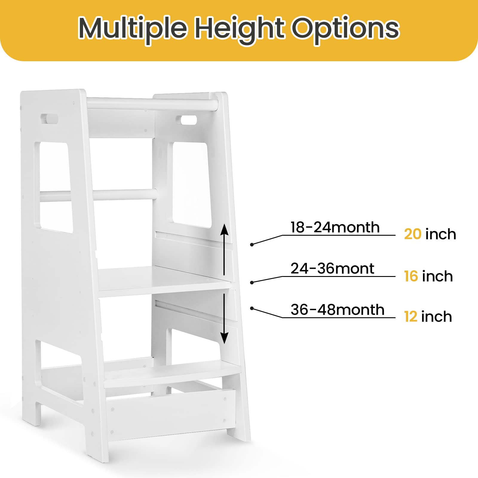 LUSIMO Toddler Step Stool Helper Nursery Standing Tower Wooden Kids Step Stool with Safety Rail Height Adjustable Toddler Learning Tower with Anti-Slip Protection Support Up to 165lbs White