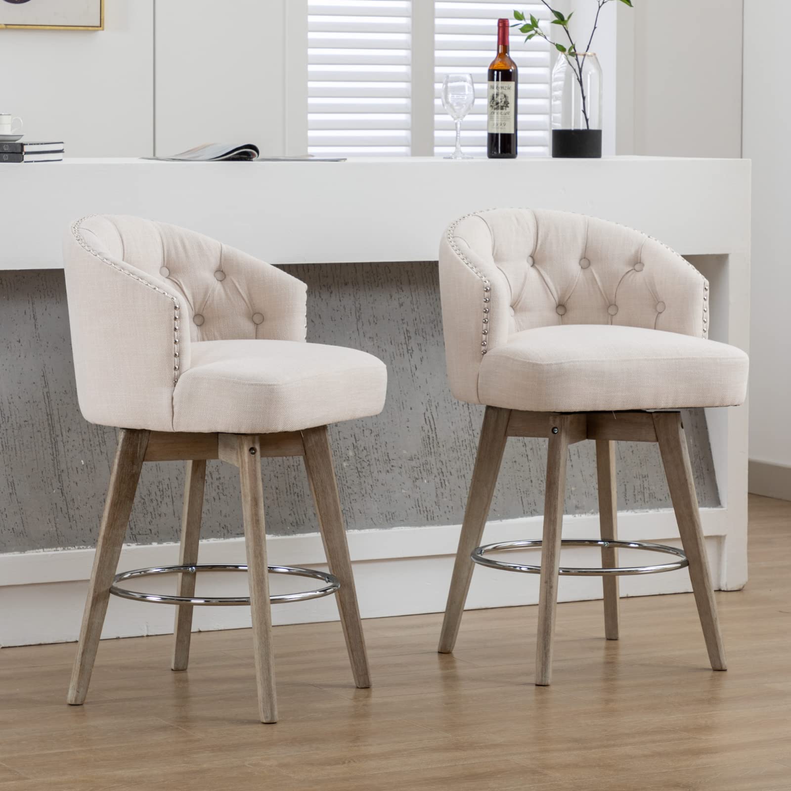 LukeAlon Linen Swivel Counter Stools Set of 4, Upholstered 27" Seat Height Low Barstools with Wood Legs Classic Button Tufted Back Counter Heighth Bar Chairs with Rivet for Kitchen Dining Room, Beige