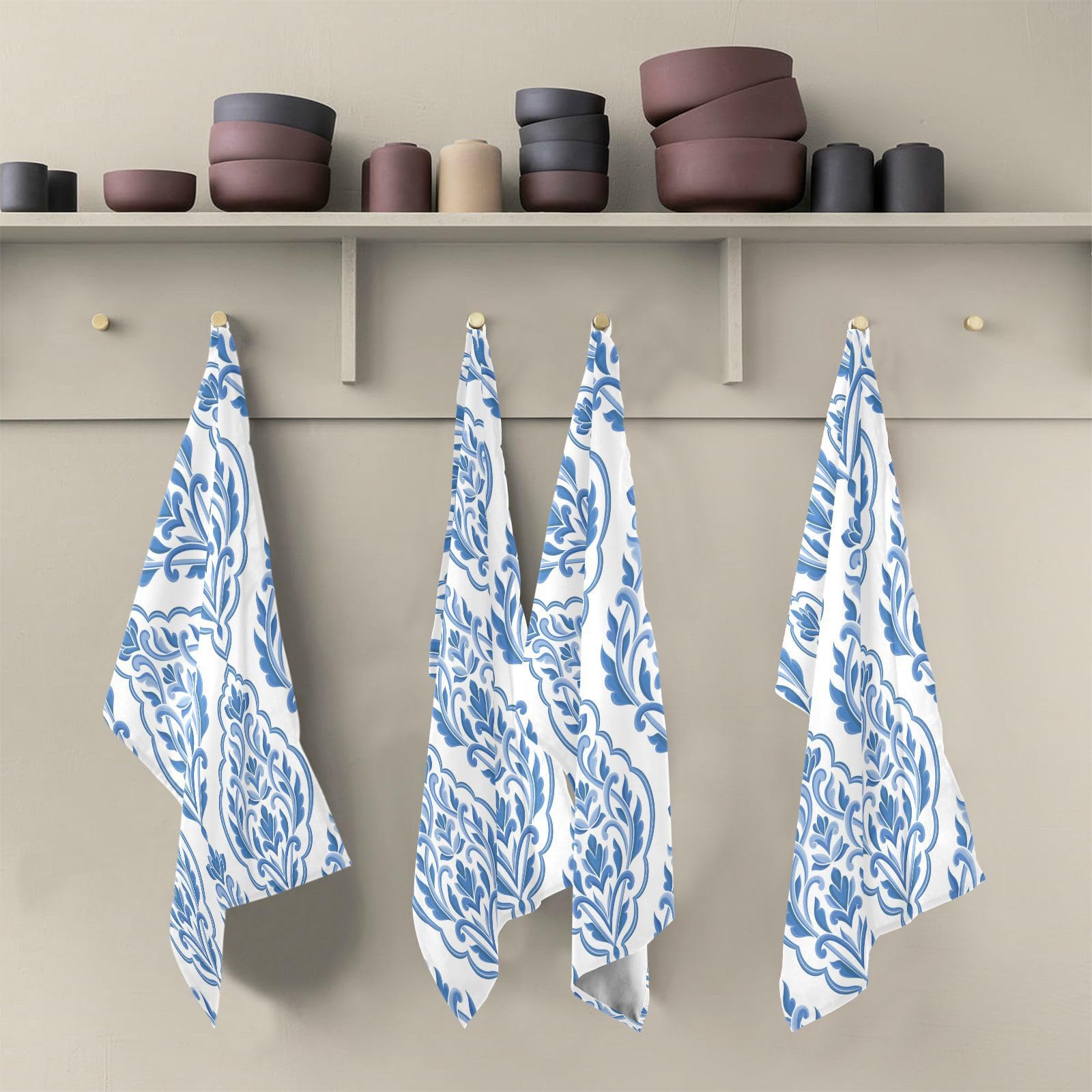 Kigai Blue White Damask Pattern Kitchen Towels, 18 x 28 Inch Super Soft and Absorbent Dish Cloths for Washing Dishes, 4 Pack Reusable Multi-Purpose Microfiber Hand Towels for Kitchen