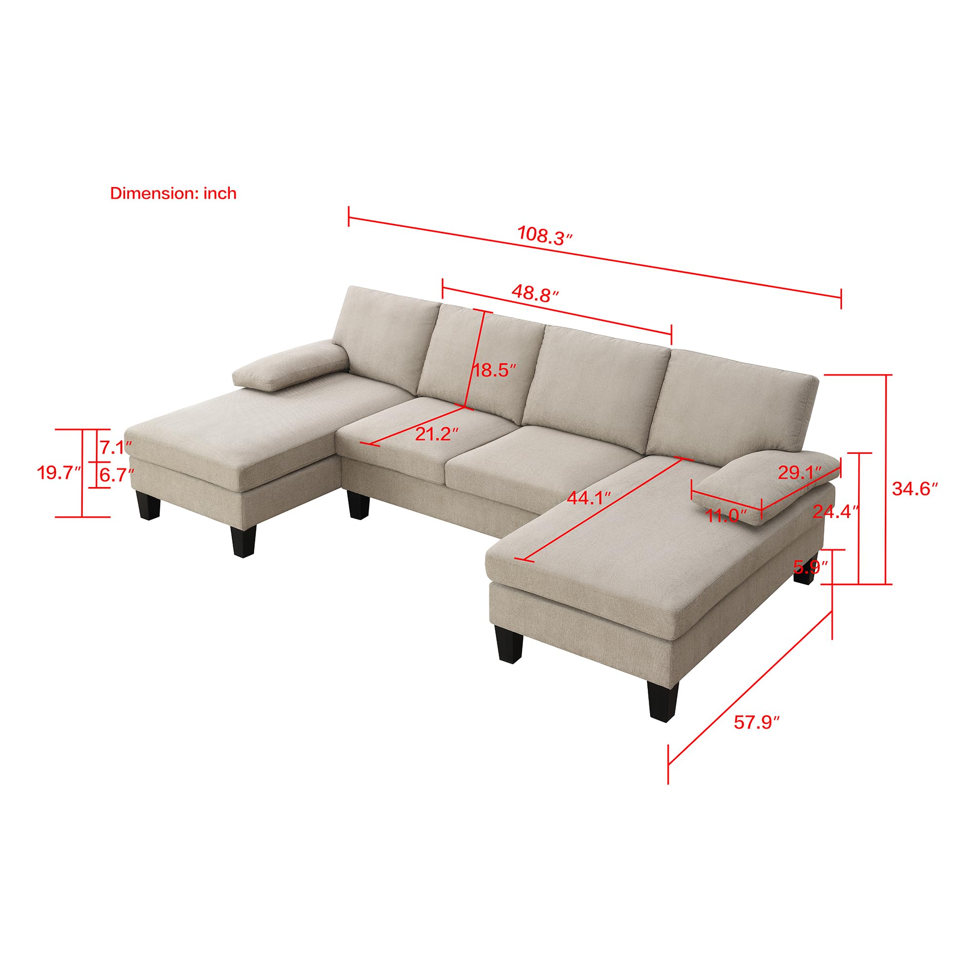 LULUTONG U-Shape Convertible Sectional Sofa Couch 4 Seat Sofa Set for Living Room Modern Chenille Fabric Modular Sofa Sleeper with Double Chaise (Beige)