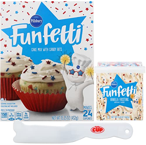 Pillsbury Funfetti 4th of July Bundle, 1 of each: Stars & Stripes Cake Mix and Vanilla Frosting with Candy Bits with By The Cup Frosting Spreader