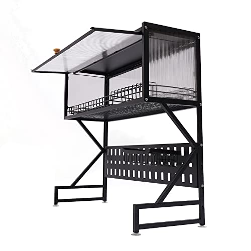 LOYALHEARTDY Over Sink Dish Drying Rack with Cover, 2 Tier Large Storage Kitchen Sink Organize Stand Shelf Space Saver Metal Dish Drying Rack for Kitchen Counter, 33.5"