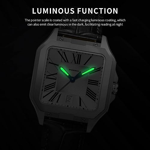 PINDU Automatic Watches for Men, Tank Business Dress Watch Square Mechanical Watch Mens Watches Simple and Easy to Read (Silver Case White Dial)