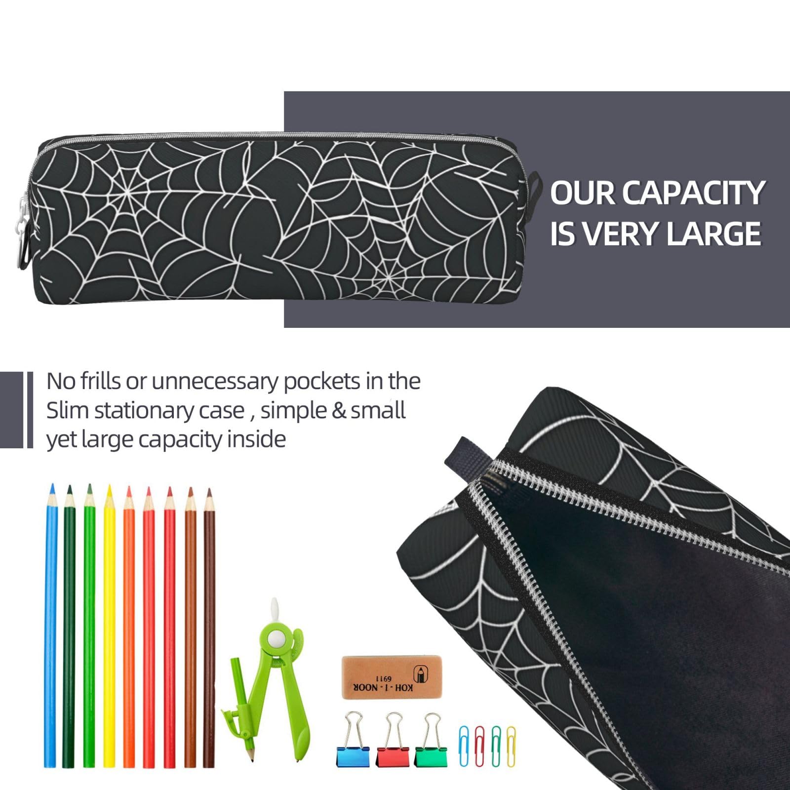 QLIEERE Halloween Spider Black And White Spiderweb Pencil Case Pouch Pen Holder Leather Pencil Bags Box Organizer Zipper Cosmetic Makeup Storage Bag