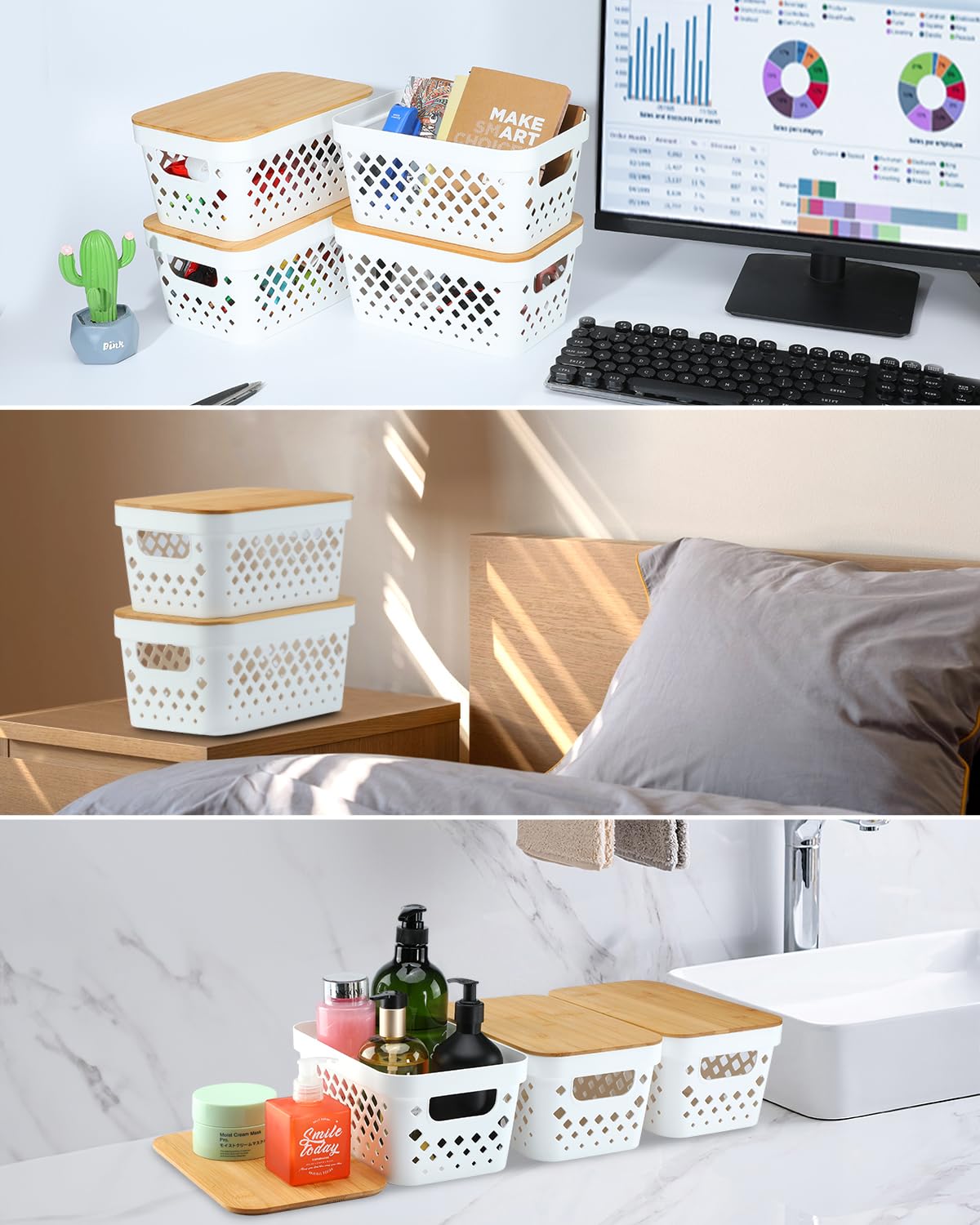 Small Storage Bins with Lids-Plastic Storage Containers Storage Baskets for Organizing Desktop Closet Playroom Classroom Office,Set of 6,White