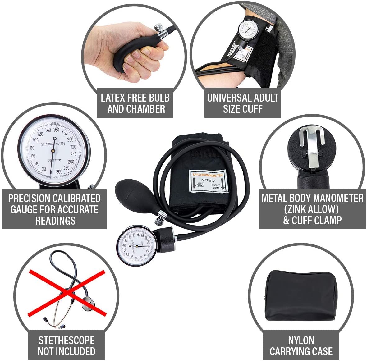 LINE2design Adult Blood Pressure Cuff - School Safety Deluxe Aneroid Sphygmomanometer with Cuff and Carrying Case Trauma Kits Black