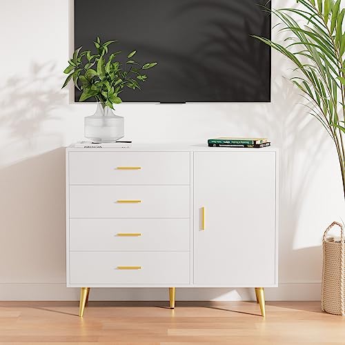 LYNSOM White Storage Cabinet with 4 Drawers, Free Standing Sideboard Cabinet with Door and Shelf, Printer Stand for Home Office, Accent Cabinet for Living Room, Bedroom, Entryway, Hallway