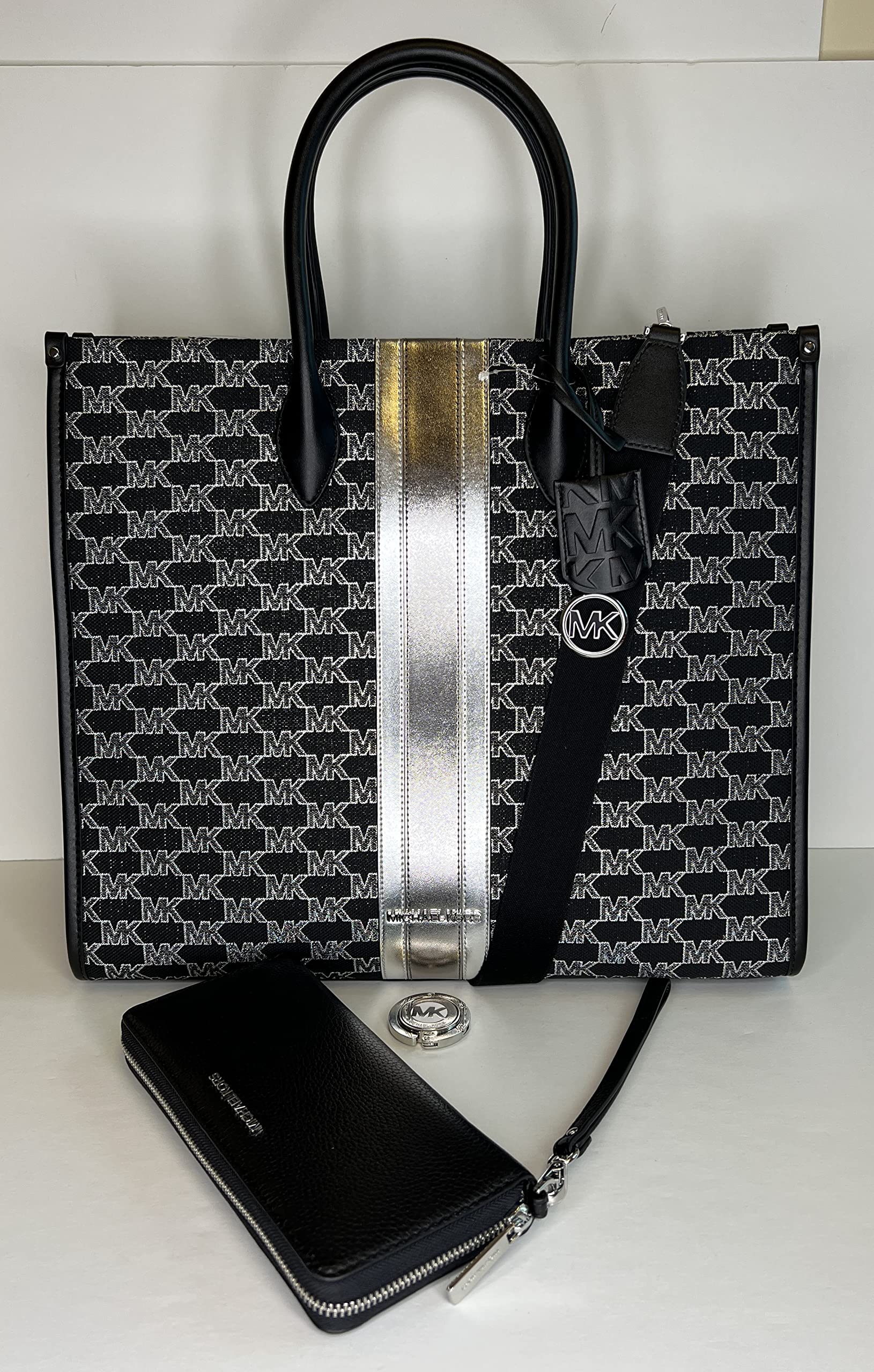 Michael Kors Mirella Large Striped Logo Jacquard Tote Bag bundled with Large Continental Wallet and Purse Hook (Black Multi)