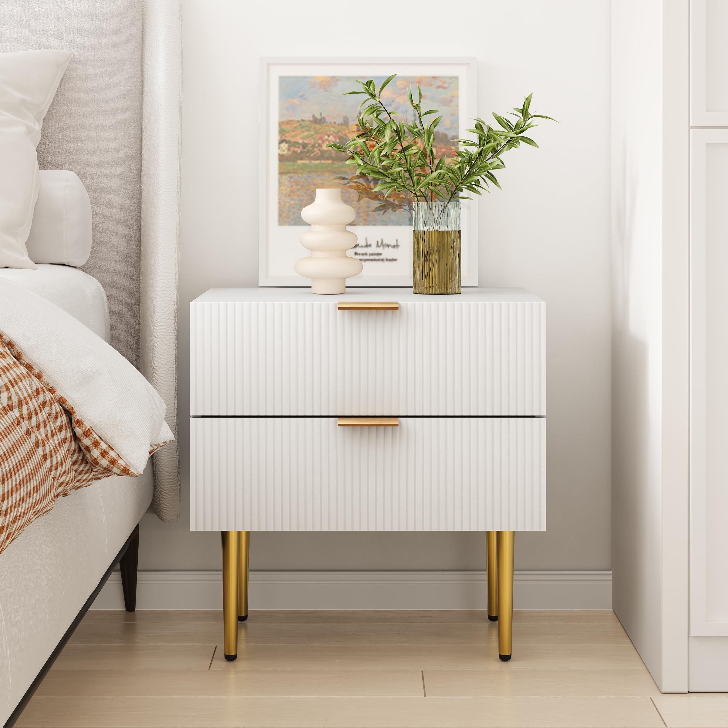 Semiocthome White Nightstand, Mid Century Modern Night Stand with 2 Wave Fluted Panel Drawers, Bedside Table with Gold Metal Legs, Bedroom Set Wide Tabletop Bed Side Table, End Tables for Living Room