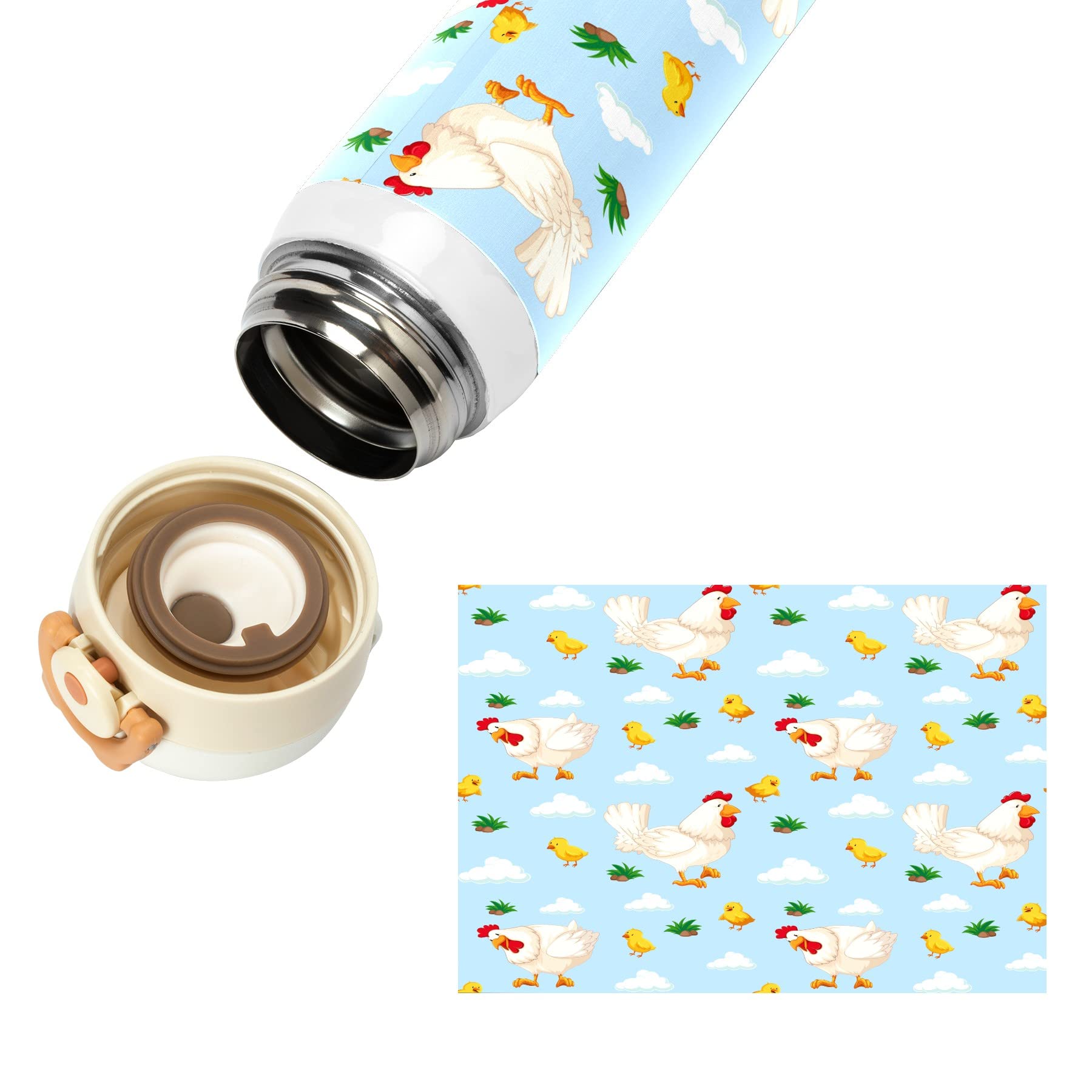 Kids Water Bottle White Chicken Blue Sky Stainless Steel Travel Mug for School Lunch Vacuum Insulated Cups Flask with Locking Push-Button Lid (17 oz)