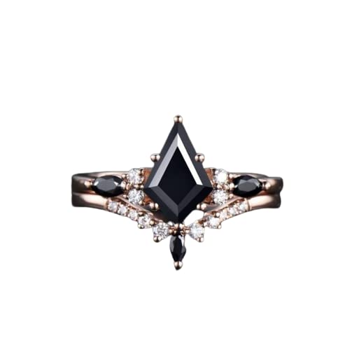 kite cut Black onyx ring set rose gold unique engagement ring set CZ DIMAONDS ring marquise cut black spinel ring black stone ring for women (WHITE GOLD, 7)