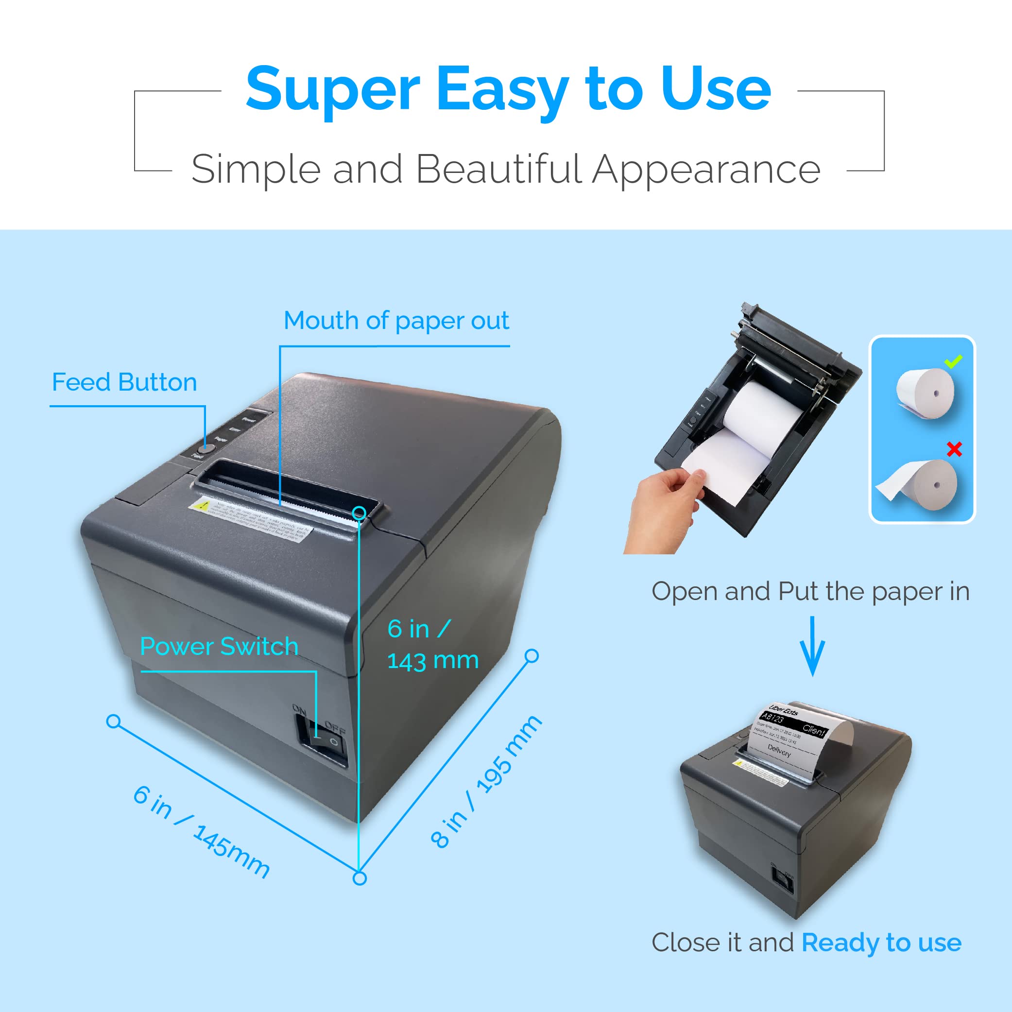 MR.BOSS 3 Inch Width Receipt Thermal Printer Bluetooth WiFi USB Support Food Delivery Ticket Printing App Ubereats Doordash Grubhub Postmates Also for Togo Shop Bubble Tea Fastfood Restaurant
