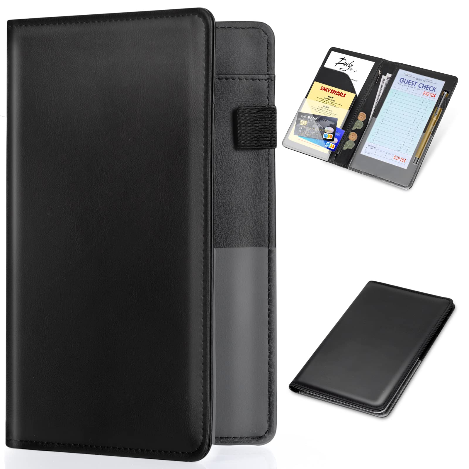 LINTRU Server Books for Waitress, Premium Pu Leather 5 x 8 Inch Servers Book with Zipper Pocket, Waitress Book Fit for Aprons, Check Presenters for Restaurants (A-Pink)
