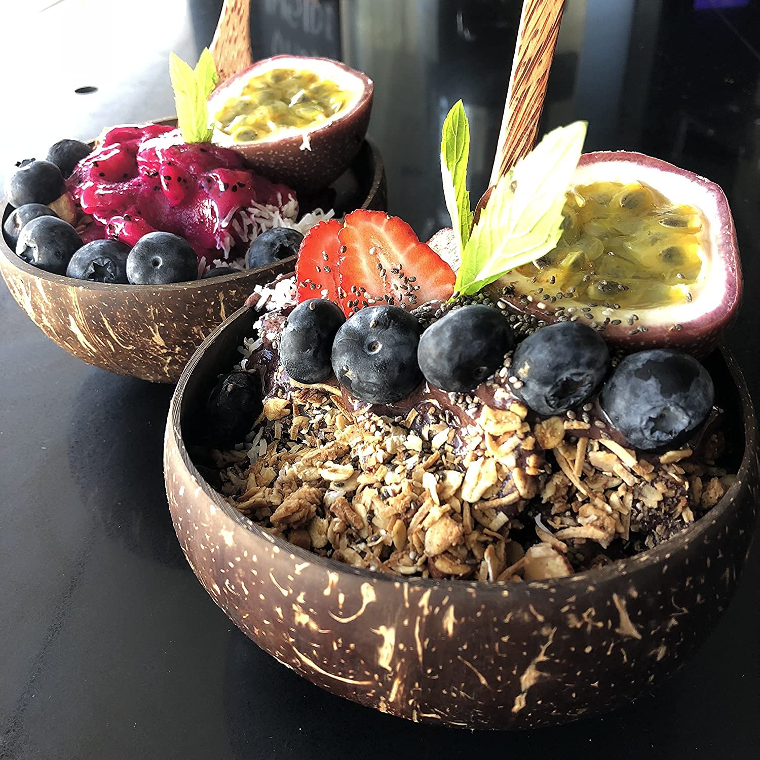 Hovico 3pcs Coconut Bowls with Spoons, 100% Natural Handmade Kitchen Utensils Bowl Polished with Coconut Oil Eco-Friendly Coconut Bowl Durable Lightweight Useful