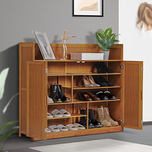 MoNiBloom 5 Tier Bamboo Shoe Cabinet with Doors, Bamboo Free Standing Shoe Shelf Organizer Storage w/High Baffle for 21-25 Pairs Entryway Hallway Office Home, Brown