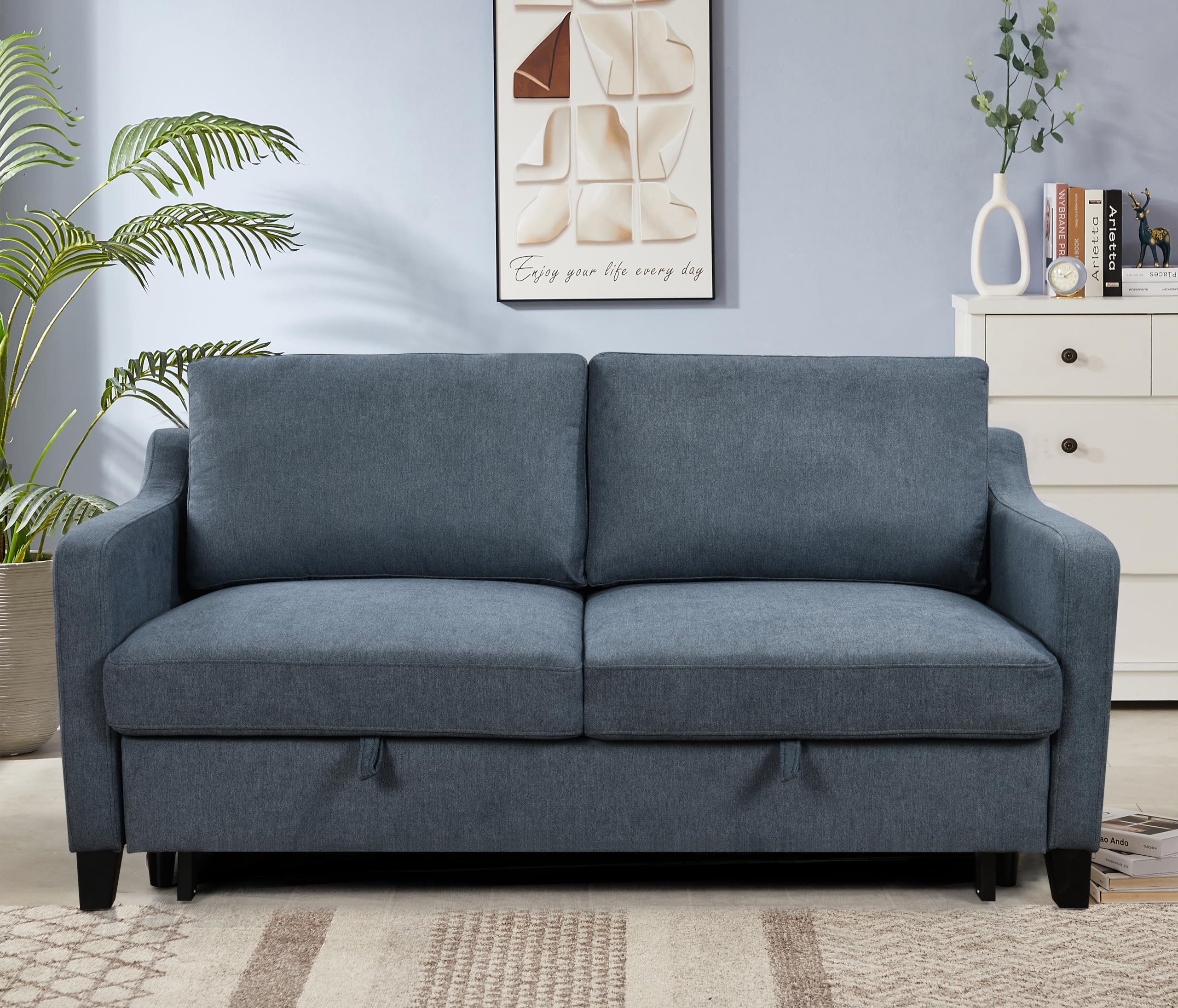 ZIGHTH 69'' Convertible Queen Size Sleeper Sofa Bed, Modern Linen Loveseat Sofa Couch with Pull Out Bed and Adjustable Backrest for Living Room. Blue