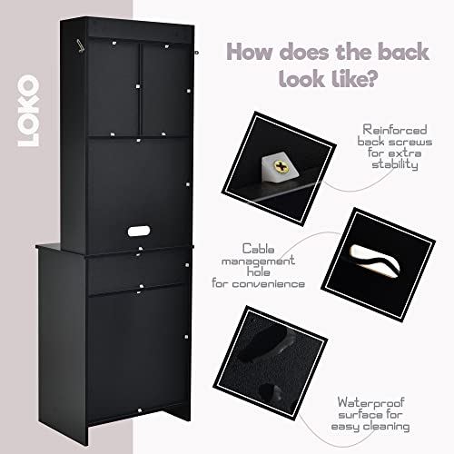 LOKO Kitchen Pantry Storage Cabinet, Compact Kitchen Cabinet with Hutch, Pantry Cabinet with Doors and Shelves, Kitchen Storage Cabinet with Microwave Stand & Drawers, 24 x 16 x 71 inches (Black)