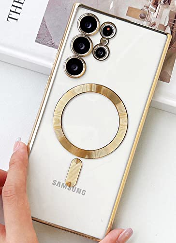LZGHOYF Galaxy S23 Ultra Case, Clear Case for Samsung Galaxy S23 Ultra Built-in Camera Lens Protector Magnetic Case Compatible with MagSafe Elegant Protection Case Cover - Gold