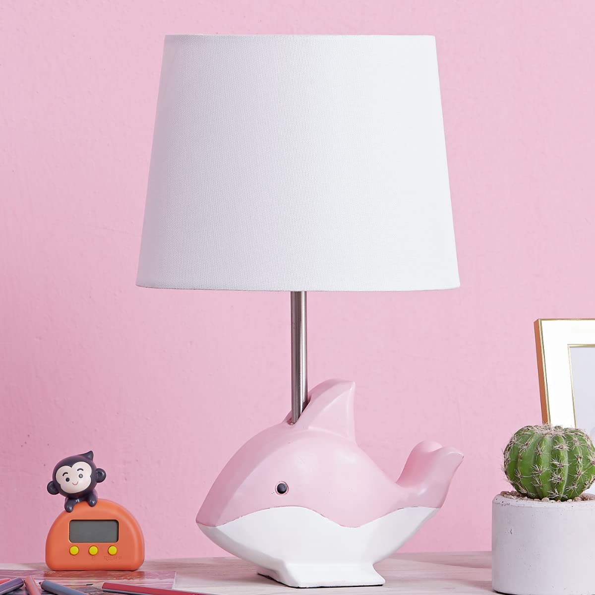 Maxax Desk Lamp, 15'' Pink Dolphin Table Lamp with White Shade for Bedroom, Kindergarten, Preschool