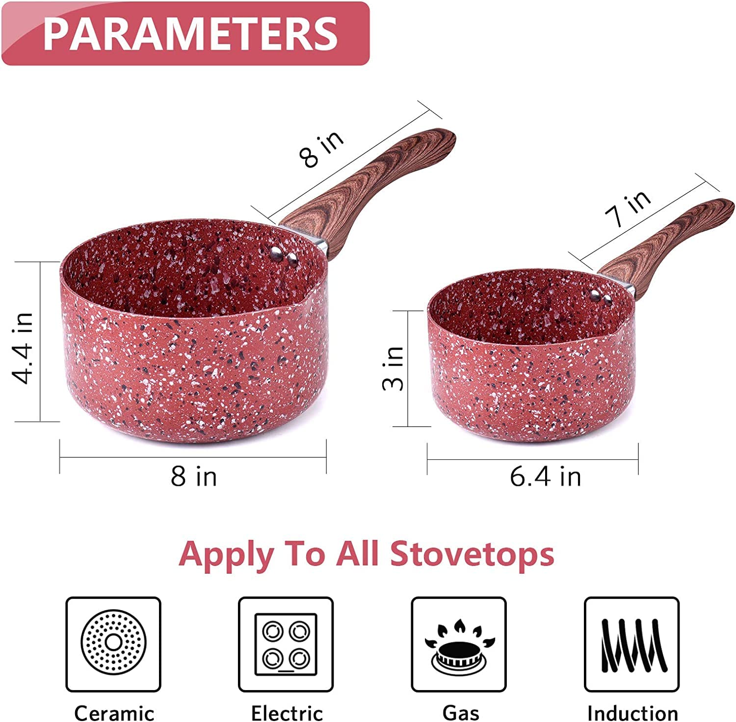 KOCH SYSTEME CS Nonstick Saucepan Set with Lid - 1.5 Quart & 3 Quart Stone Derived Coating Sauce Pan with Pour Spouts, Milk Pan & Pot with Bakelite Handle, PFOA PFOS Free, Red