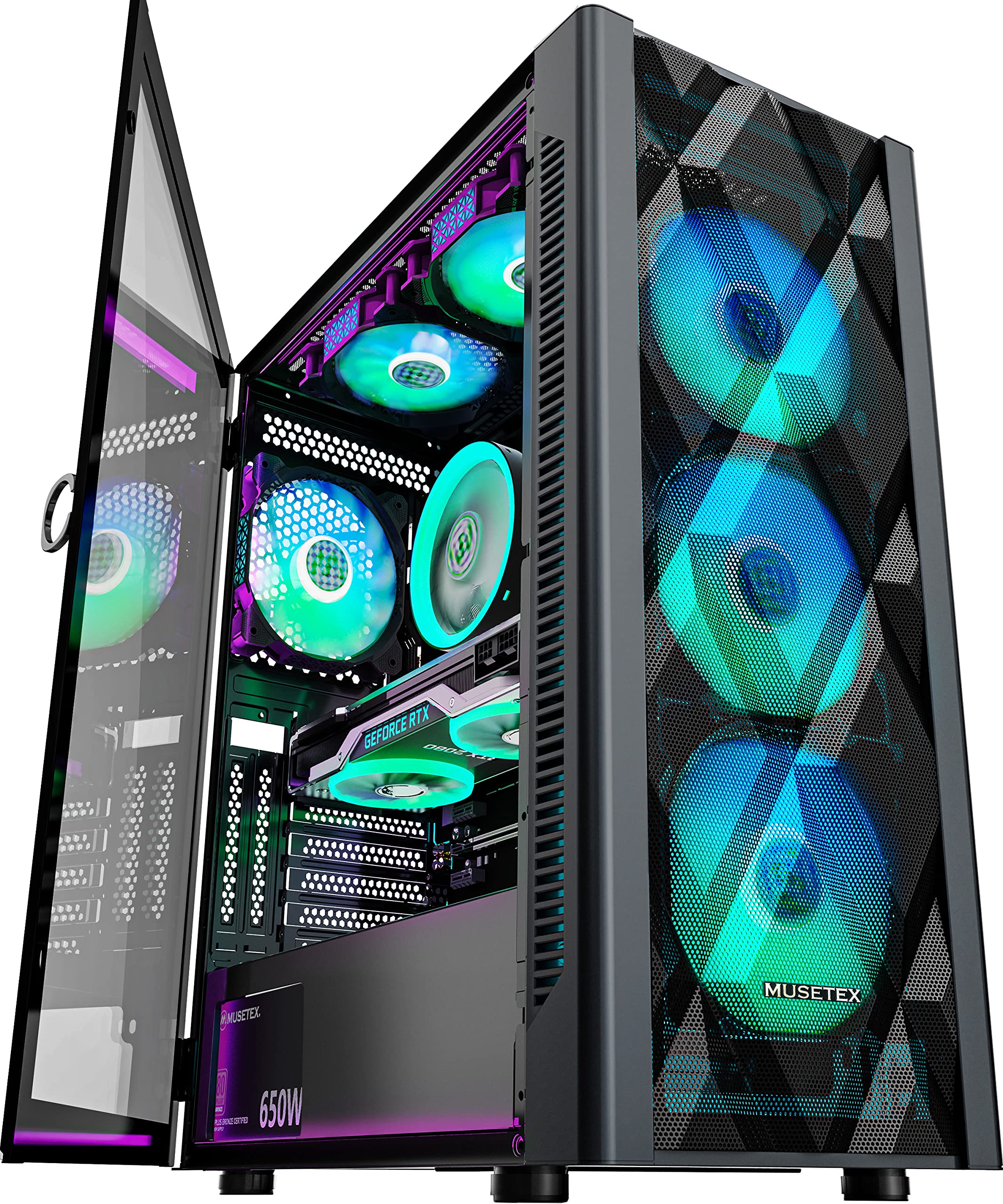 MUSETEX ATX PC Case Pre-Install 6 PWM ARGB Fans, Polygonal Mesh Computer Gaming Case, Opening Tempered Glass Side Panel Mid-Tower Case, USB 3.0 x 2, Black, NN8-PF