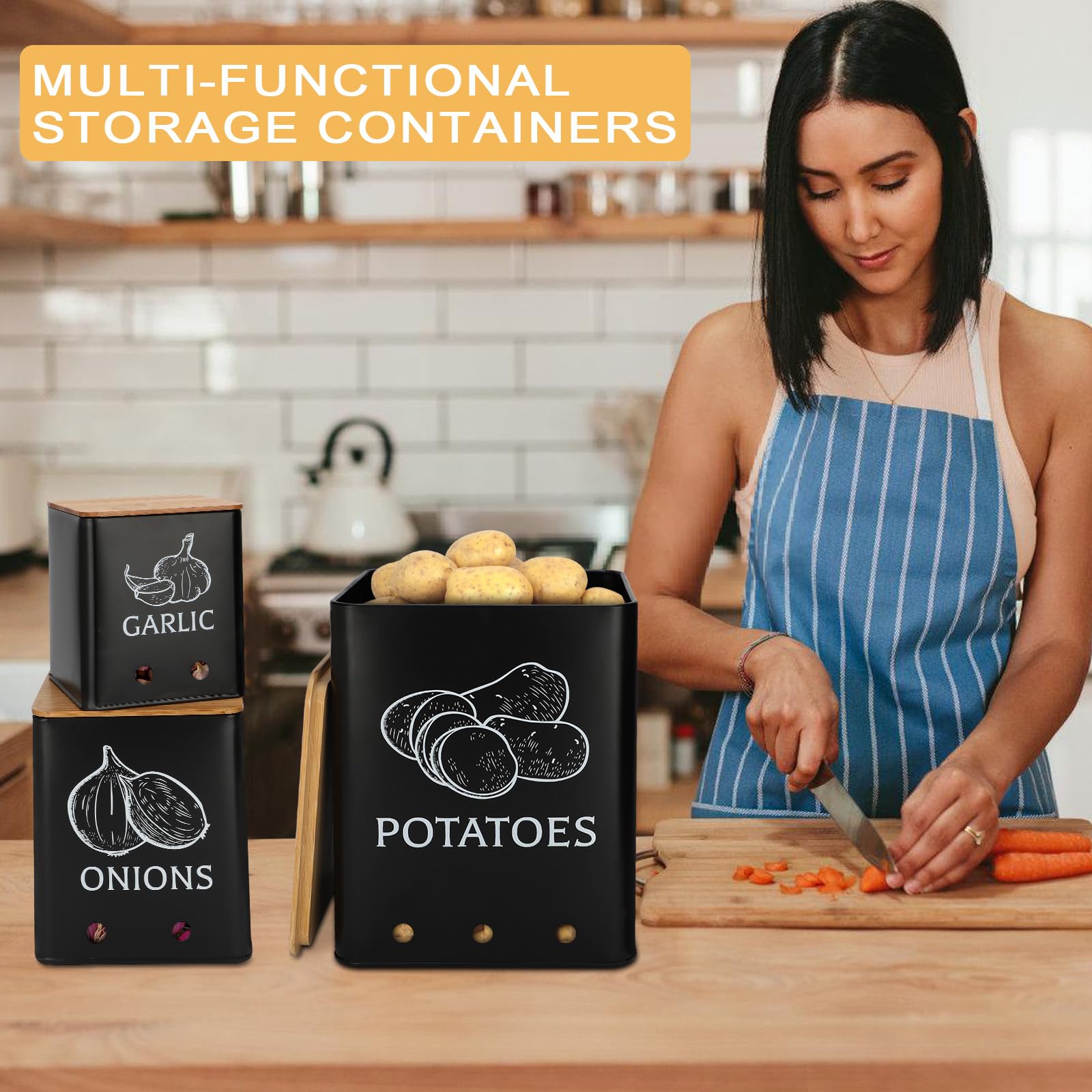 Moondust Wj 3 Pack Vegetable Storage Tins,Potatoes Storage,Metal Onion and Potato Storage Bins,Kitchen Potato and Onion Storage Bin,Onion Storage Containers with Aerating Holes and Wooden Lid.