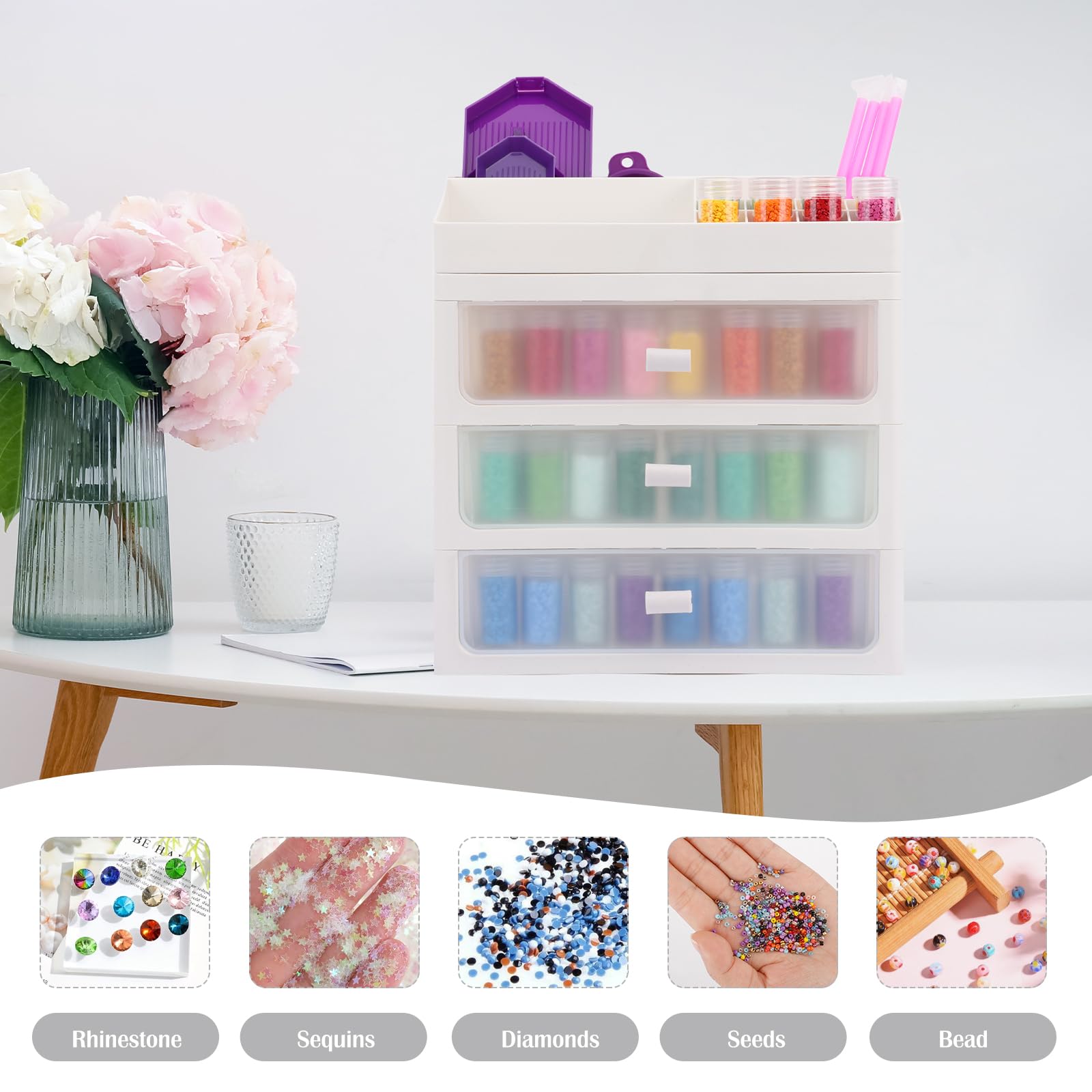 QUEFE Diamond Painting Storage, 3 Drawers, 144 Slots Storage Bottles, Diamond Painting Accessories and Tools, Diamond Art, Bead Box, Diamond Painting Organizer